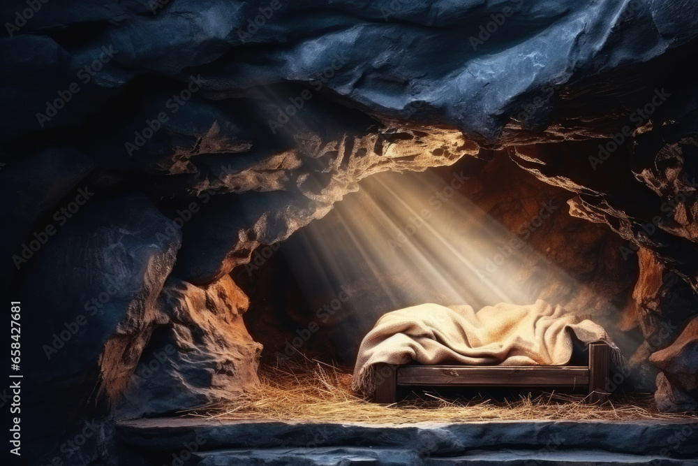 Christian Christmas scene with empty wooden manger, star of Bethlehem ...