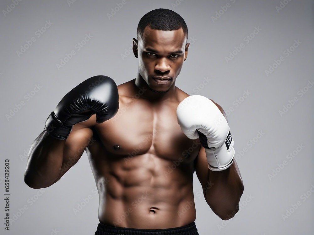 portrait of a young American black boxer with mucular body, looking ...