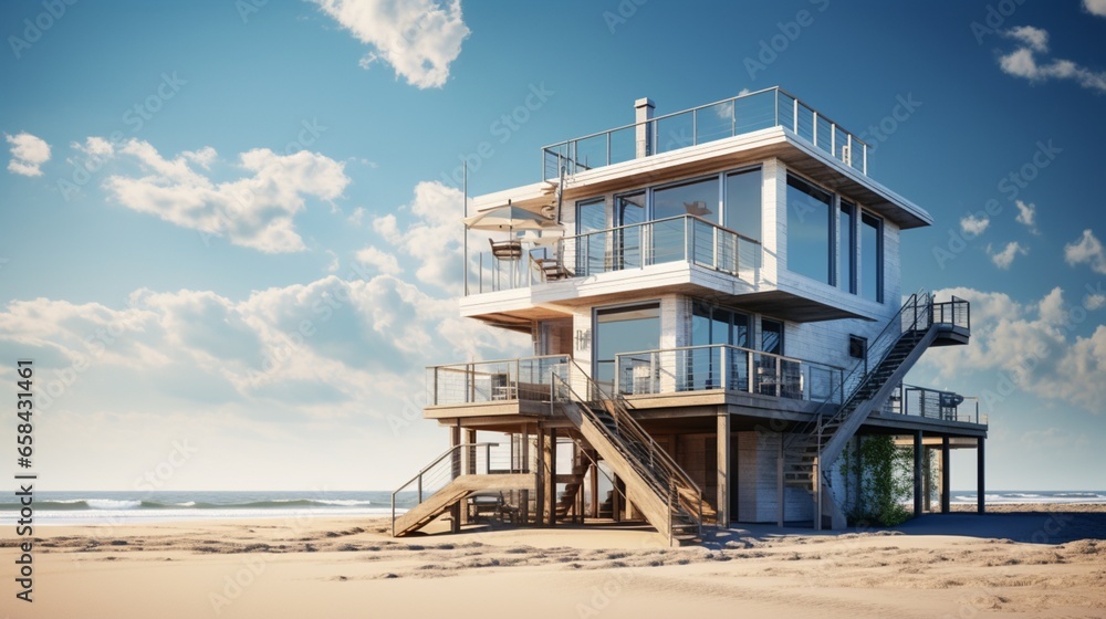 A two-story luxury beach house with wrap-around balconies offering ...