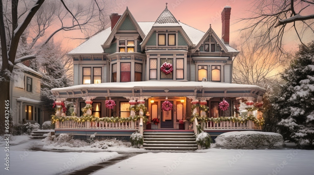 An elegant Victorian mansion adorned with wreaths on every window and a ...