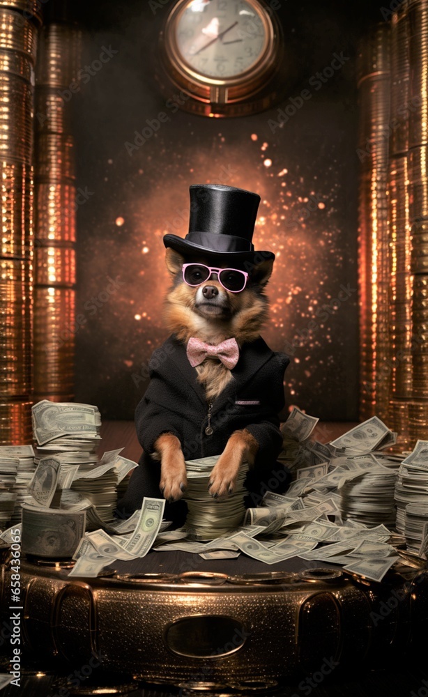 rich dog in man clothes, sitting on money and gold, wearing top hat and ...