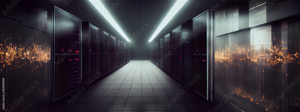Dark Server racks in computer network security server room data center ...