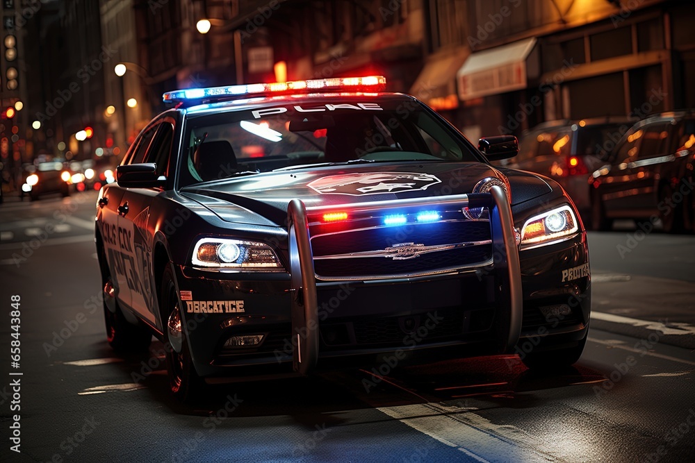 A police car races through the city streets, lights rotating and sirens ...