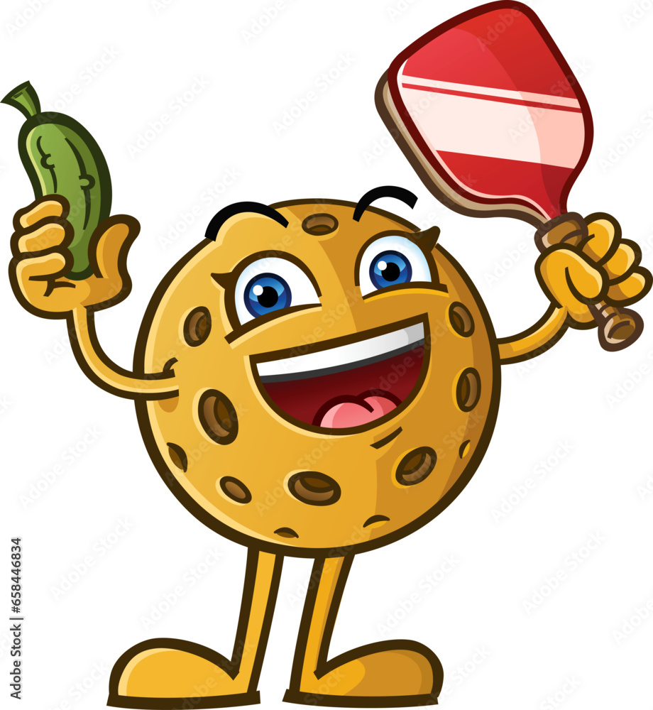Pickleball cartoon standing and smiling with excitement while holding a ...