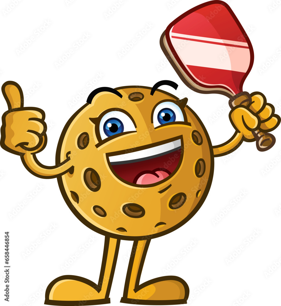 Pickleball cartoon standing and smiling with excitement while holding a ...