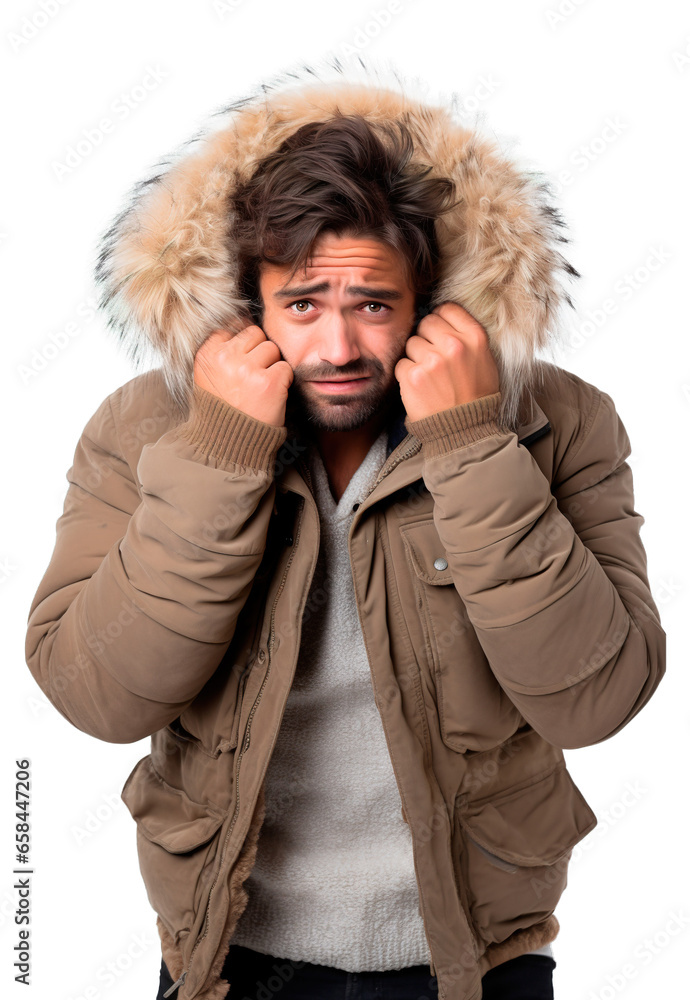 Man wearing winter clothes and getting cold. Face expression. Isolated ...