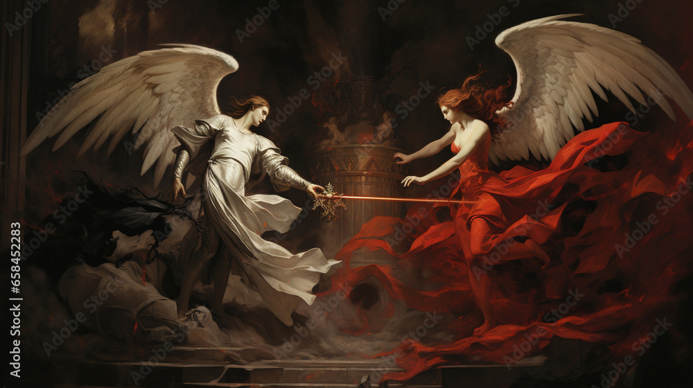 Angel and demons fighting, fight between creatures, bible, Canva Stock Illustration | Adobe Stock