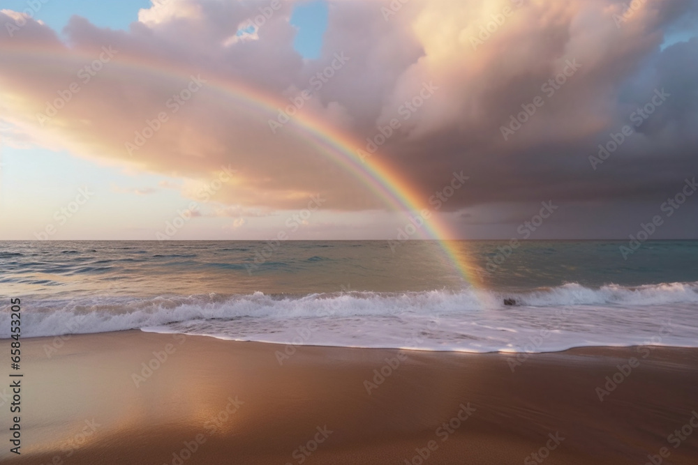 Beach Rainbow Delight: Vibrant Rainbow Arches Over a Scenic Beach with ...