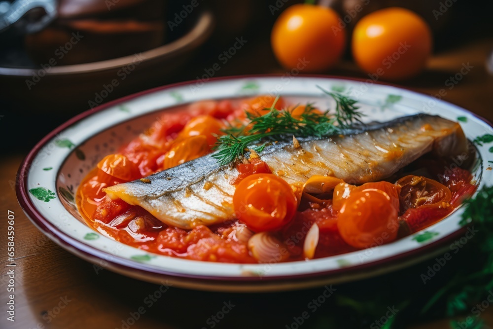 A Vibrant Close-Up of Sild i Tomat: A Deliciously Tangy Danish Delicacy ...