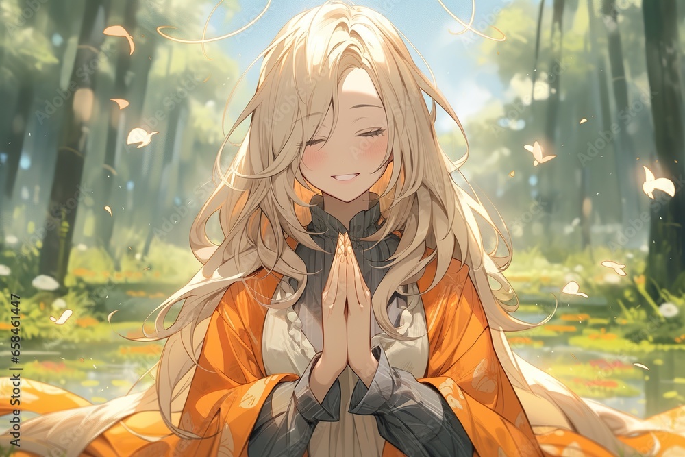 joyful pristess in prayer, forest in background, anime style ...