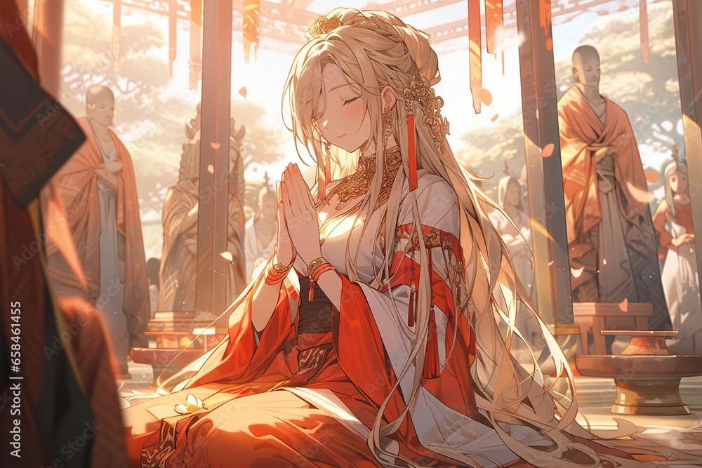 cute pristess in prayer, monastery in background, anime style ...