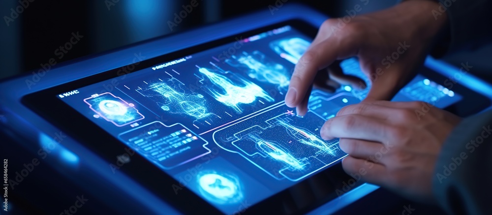 Doctor touching electronic medical record on medical technology tablet ...