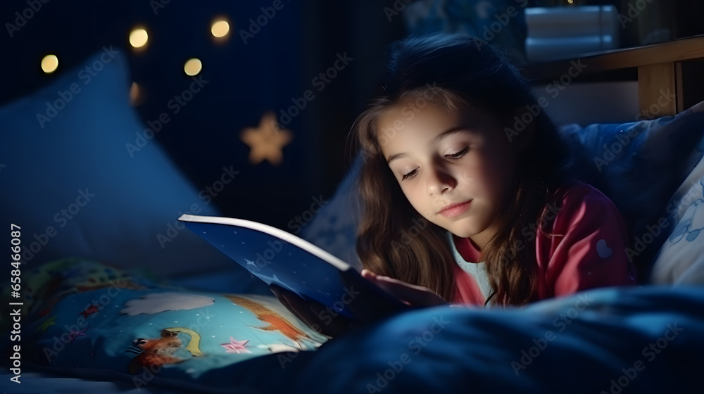Cute little girl reading book in bed at night before going to sleep ...
