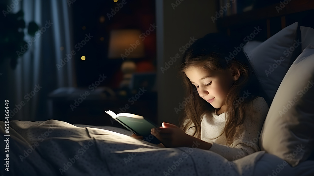 Cute little girl reading book in bed at night before going to sleep ...