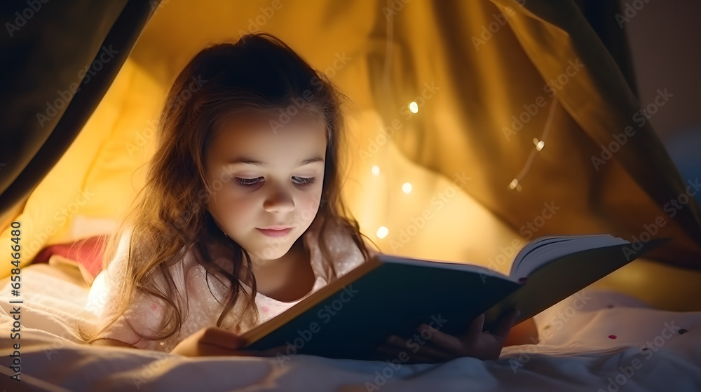 Cute little girl reading book in bed at night before going to sleep ...