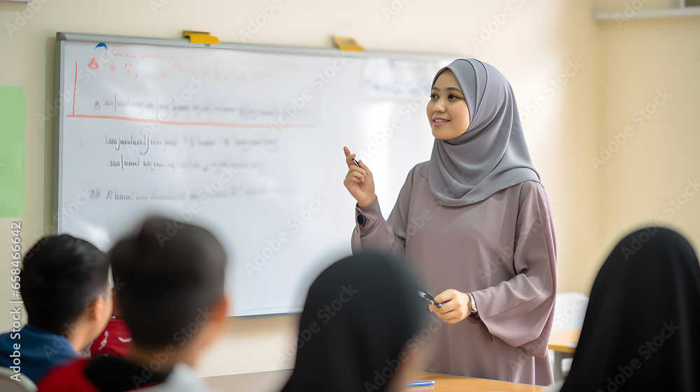 Female hijab muslim teacher teaching lesson pointing at whiteboard ...