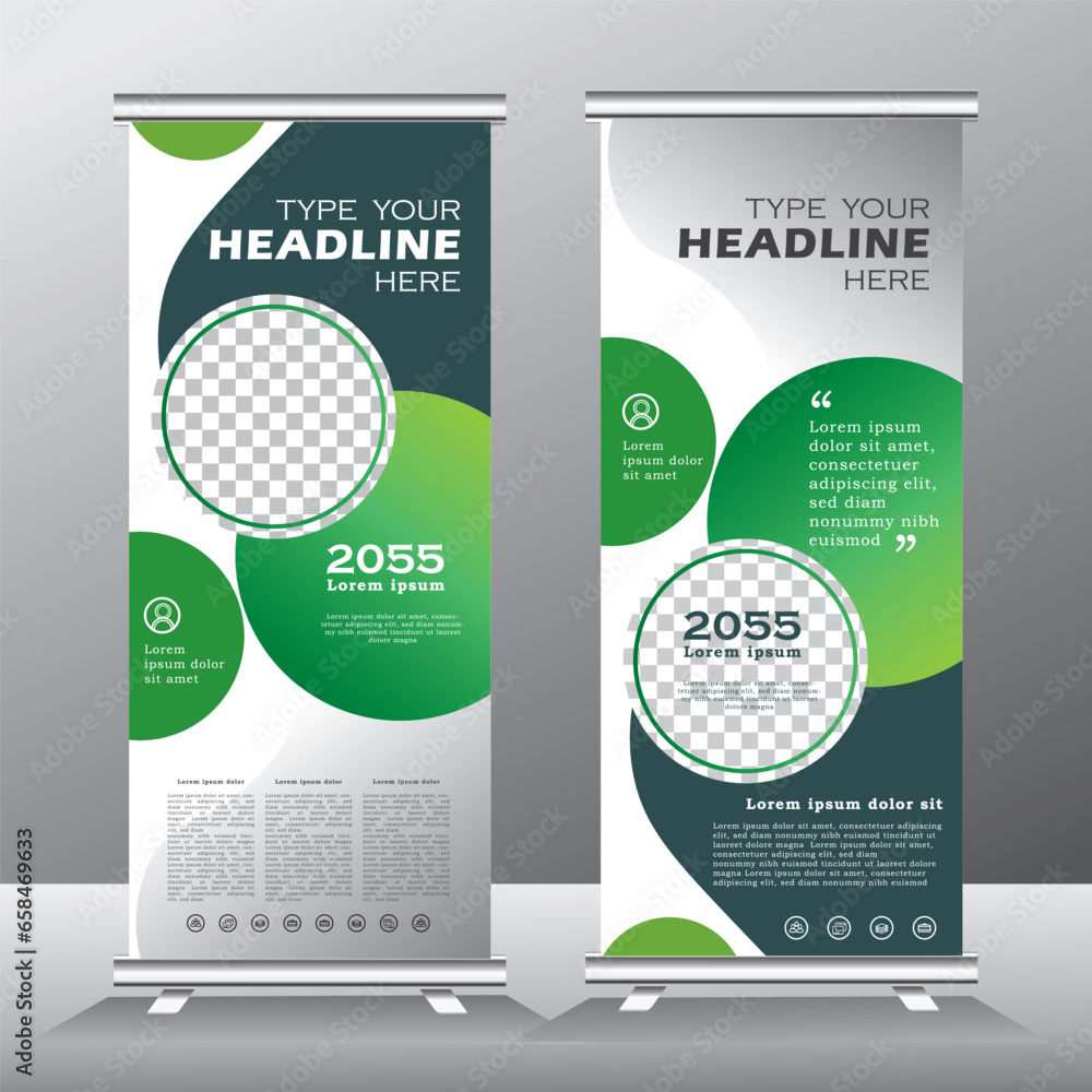 roll up banner design with round shape, green and ash roll up banner ...