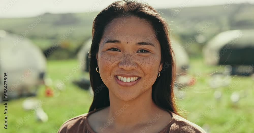 Happy, face and a woman on a farm for agriculture sustainability and ...