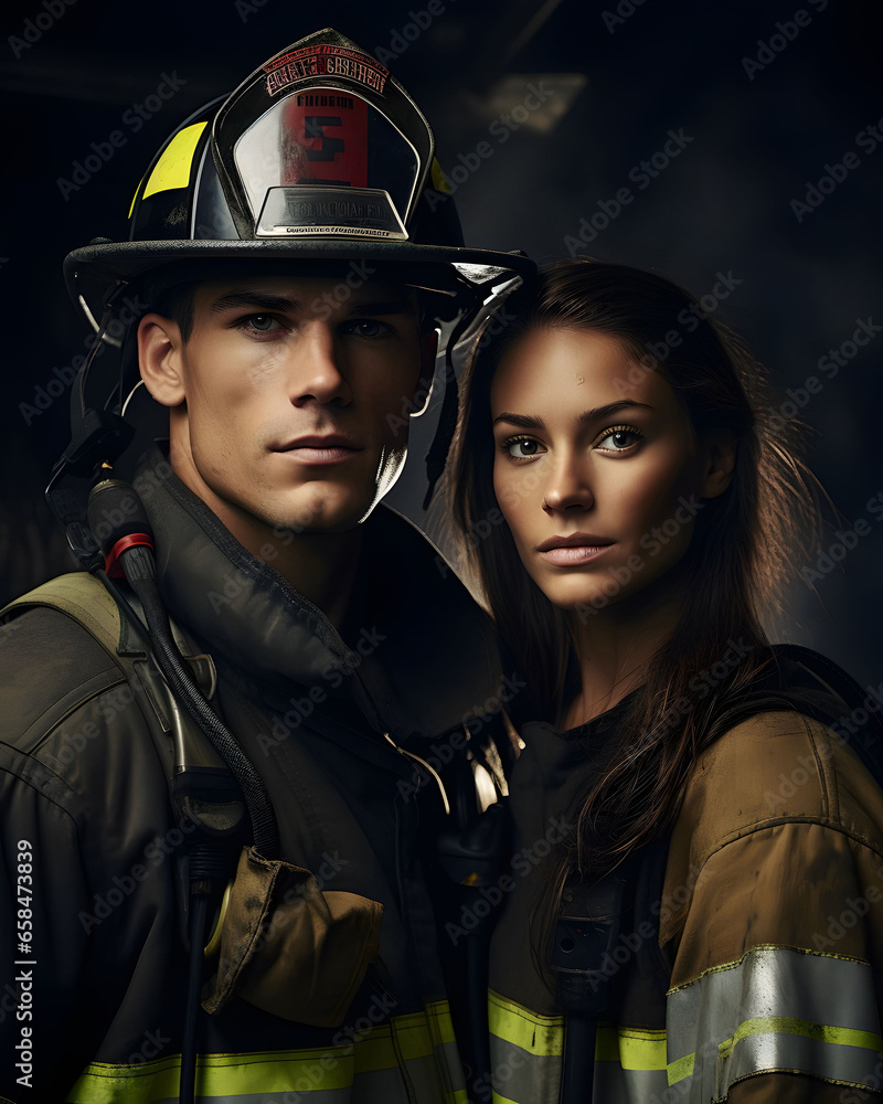 Firefighter couple, dark and dramatic lighting, firefighter turnout ...