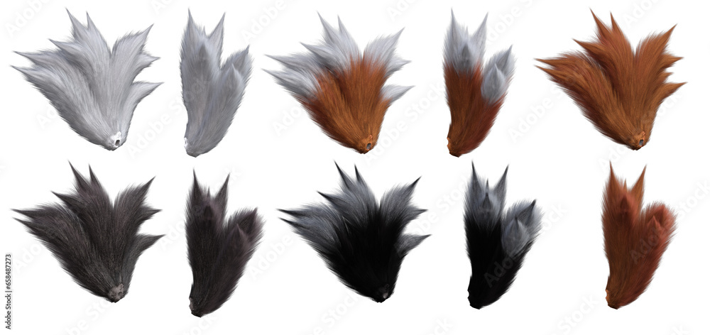 3D Render : set of different colors of nine Fox tails for anime graphic ...