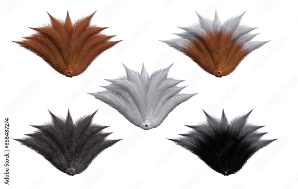 3D Render : set of different colors of nine Fox tails for anime graphic ...