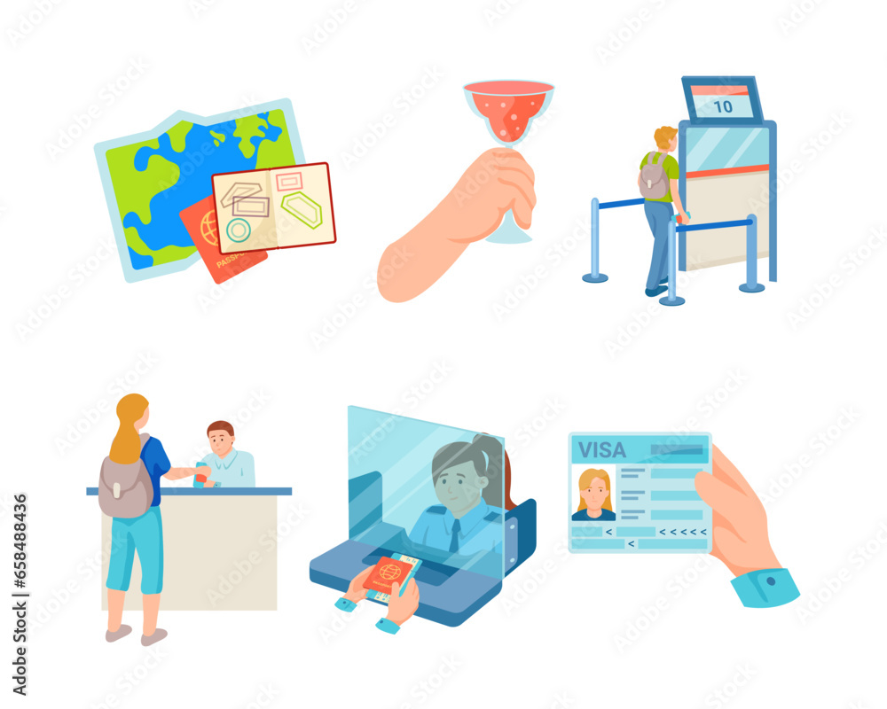 Customs control at airport vector illustration set. Queue for ...