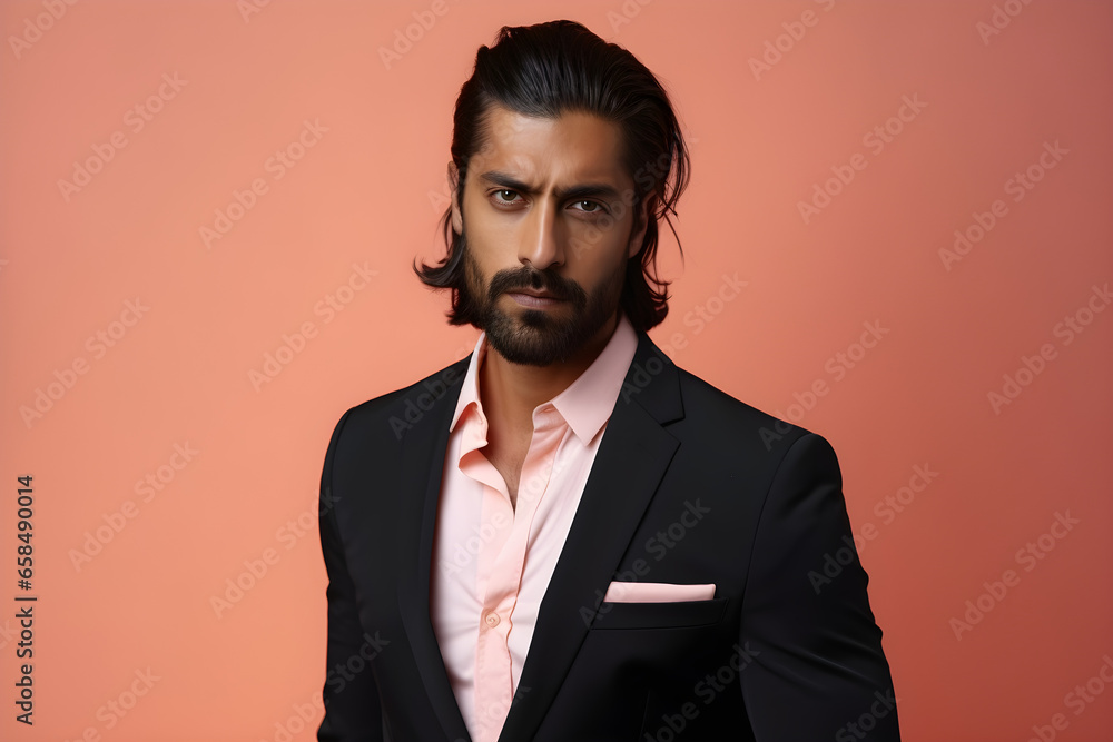 Handsome Indian man in black business suit on bright pink colour ...