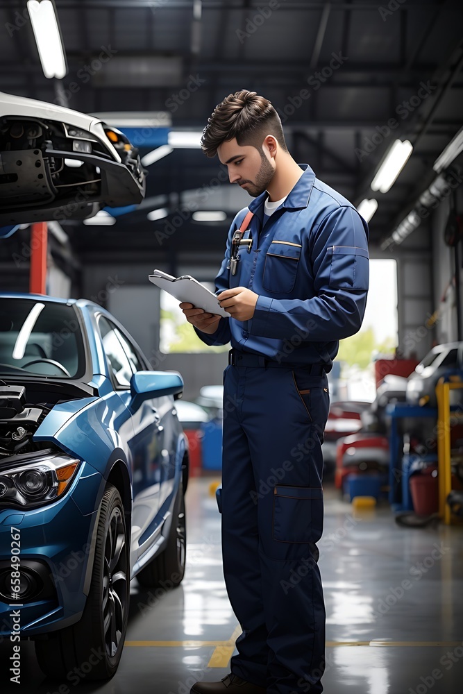 Mechanic check list to the clipboard insurance with inspecting car at ...