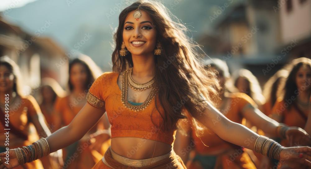 Indian women dancing on the streets in traditional dresses in celebrating Holi festival. Stock ...