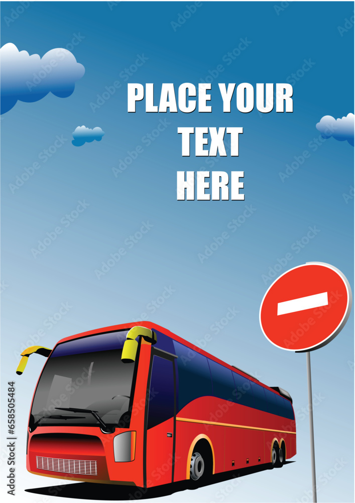 No entry. Traffic road sign symbol on sky background and city bus image ...