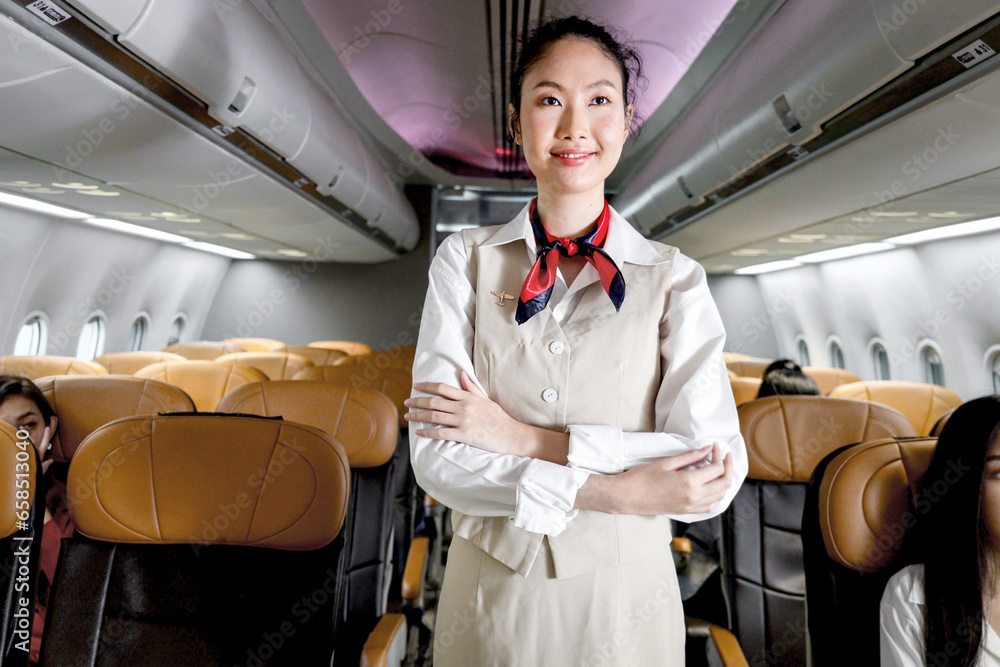 Portrait of beautiful Asian female cabin crew air hostess in uniform ...