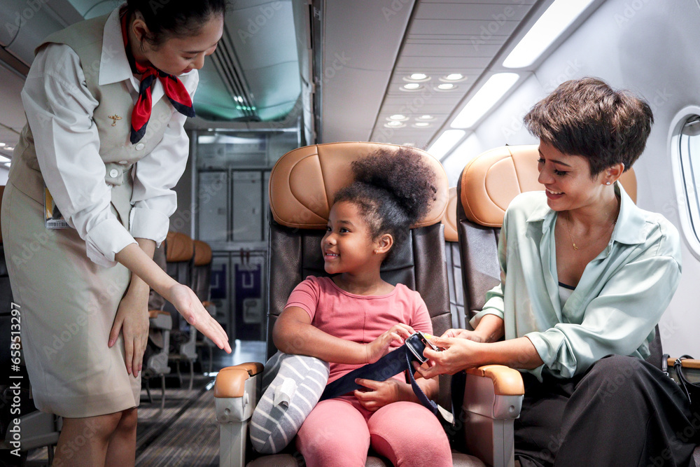 Friendly air hostess take care kid passenger on airplane, flight ...