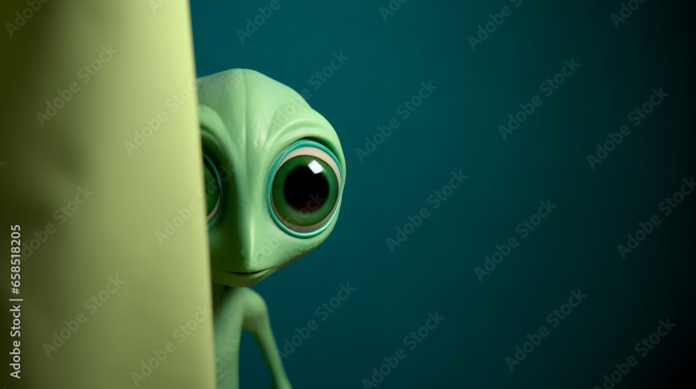 Funny Green Alien Peeking Out from Corner on Lite Green Studio ...
