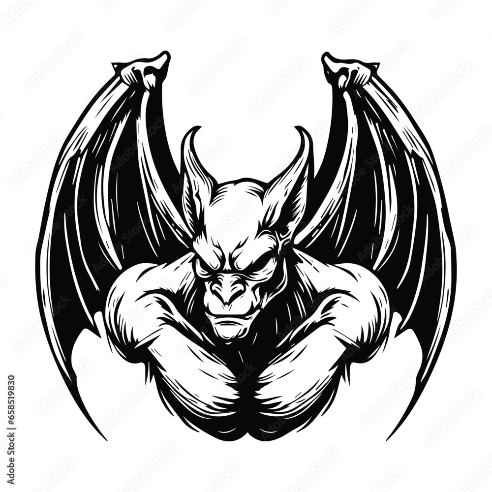 Strong Gargoyle Drawing Vector Silhouette With Wings And Horns Stock ...