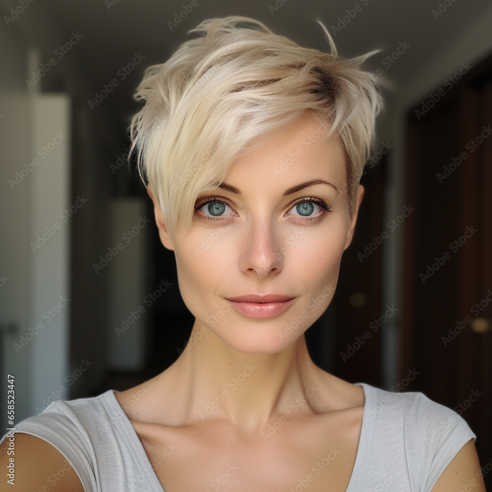 38 year old woman, scandinavian features, short blonde hair, full lips ...