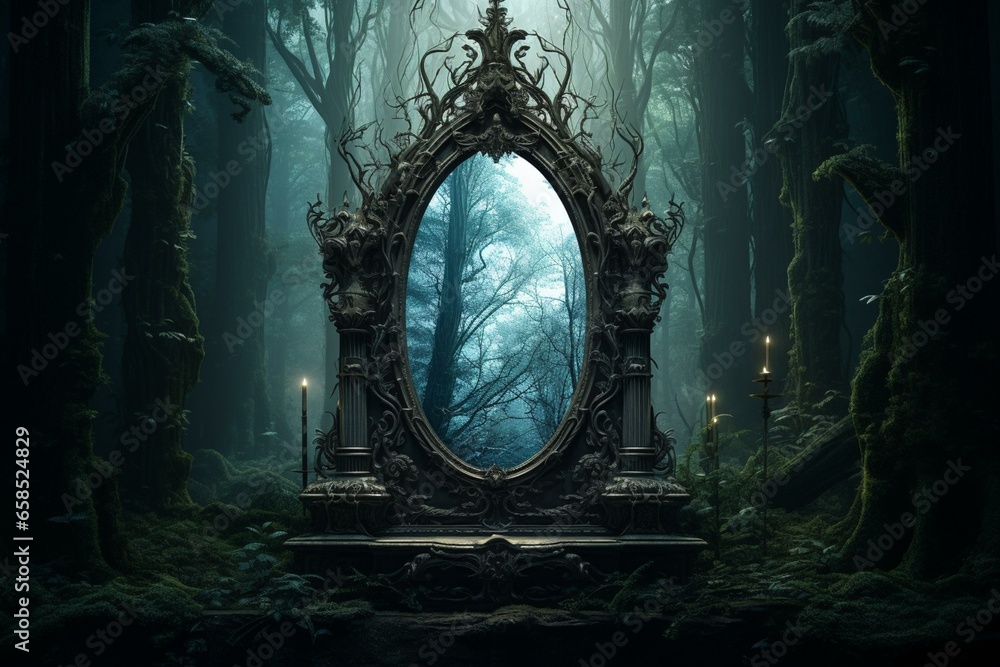 Gothic mirror in mystical fantasy setting with a dark forest reflection ...