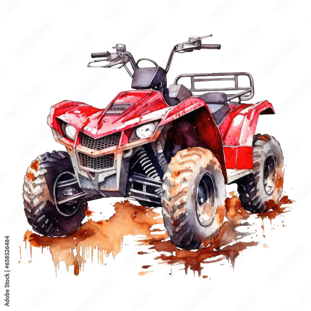 A watercolor painting of an red atv, quad bike offroad adventure Stock ...