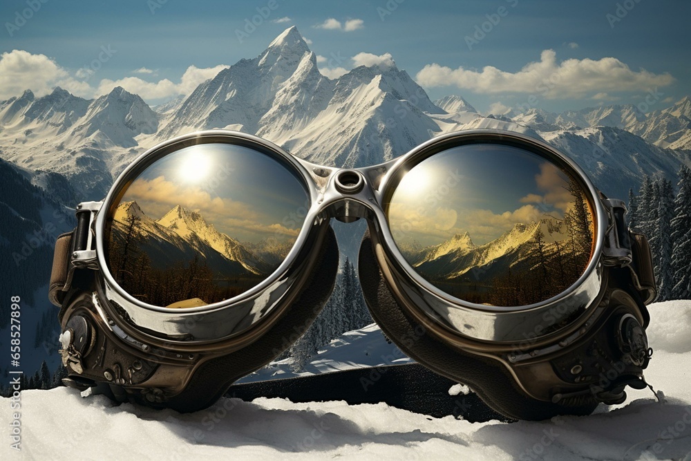 Goggles reflect snowy peaks on plain surface - tweaked. Generative AI ...