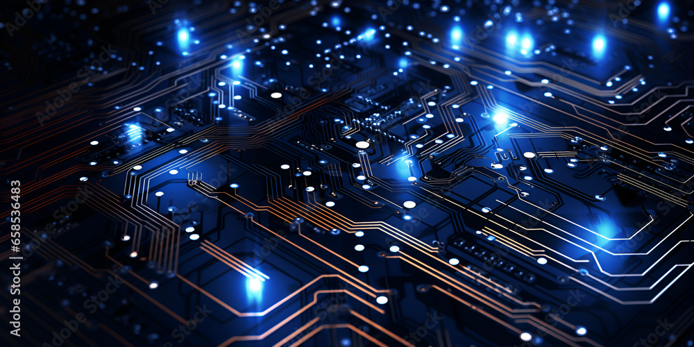 A blue and black computer with a circuit board in the background ...