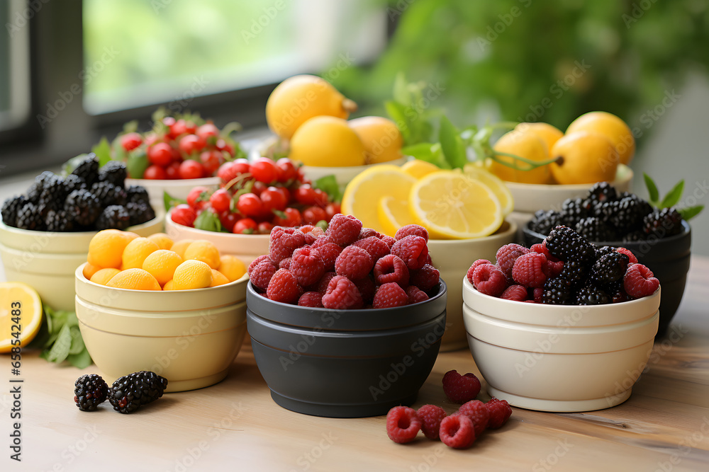 A close-up shot capturing a delicate selection of farm fruits arranged ...
