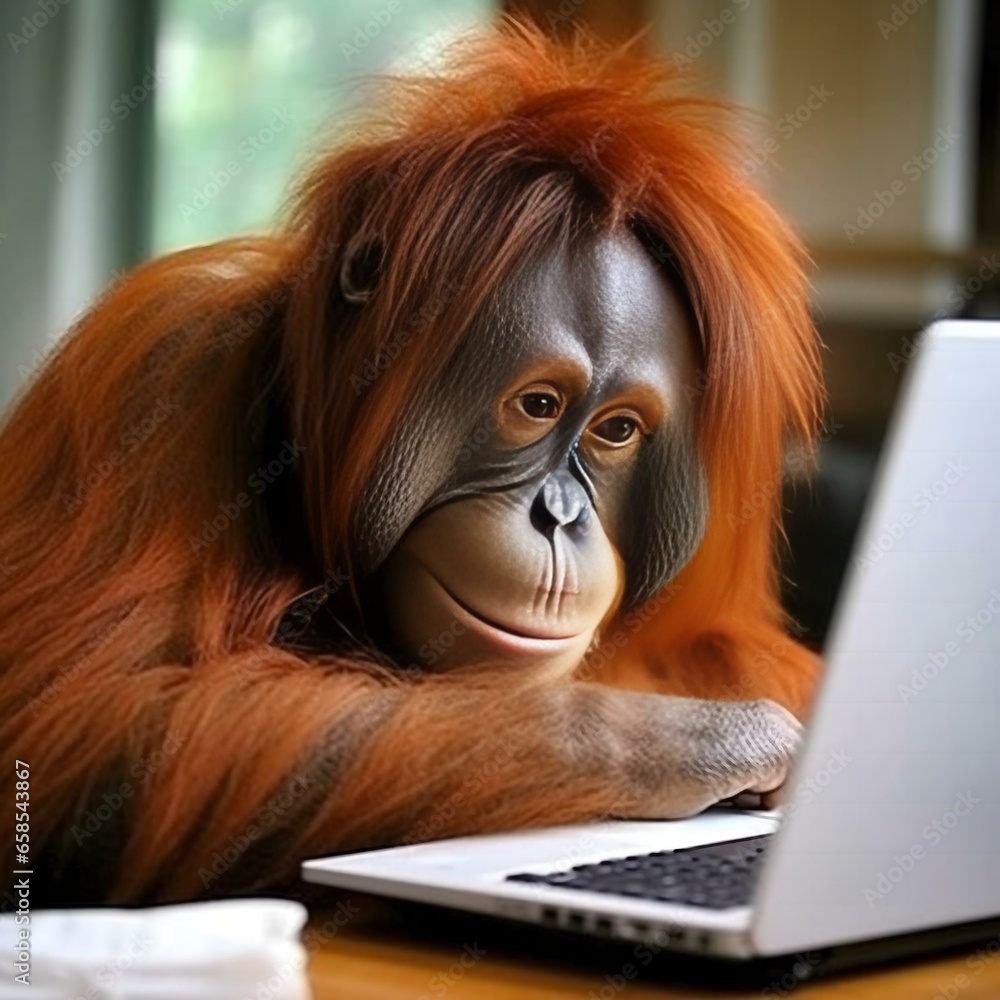 cute orangutan playing laptop with curious face .generative ai, Stock ...