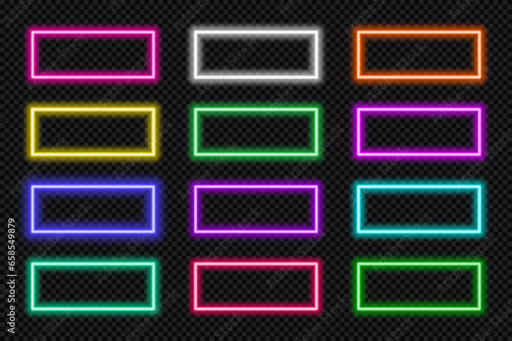 Neon frame button rectangle set. Glowing coloful rectangular border ...