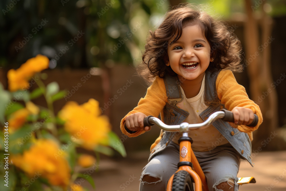 Cute indian little girl child riding bicycle Stock Photo | Adobe Stock