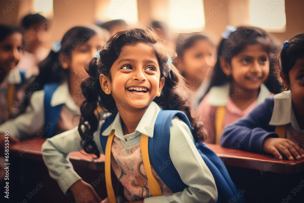 Indian little girls sitting in classroom at school. Stock Photo | Adobe ...
