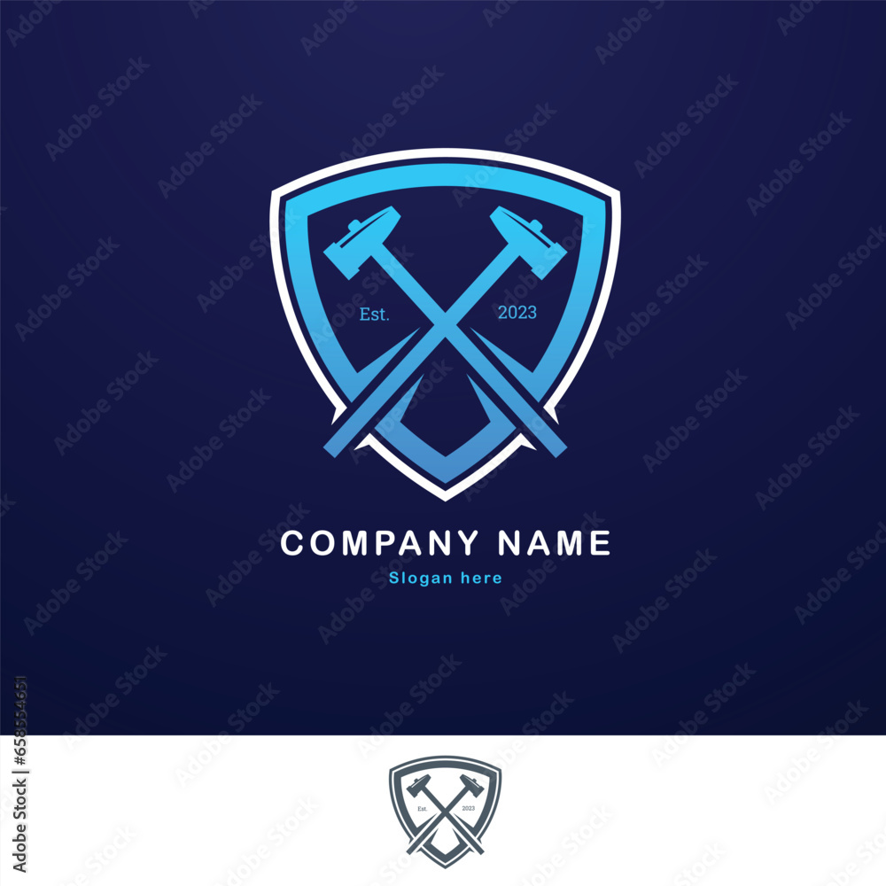 Logo of a shield with hammers inside. best for creative hard work ...