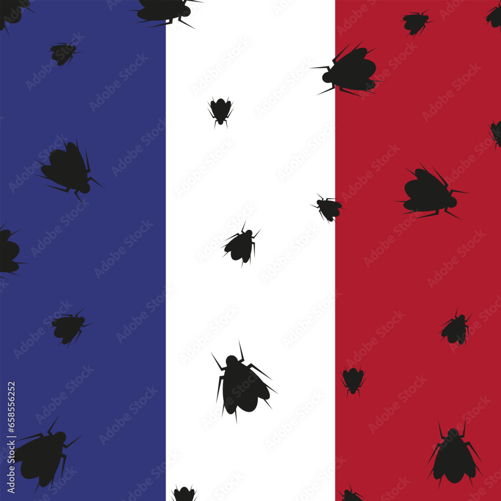 Design France flag with black Bedbug silhouette. Invasion of beetles in ...