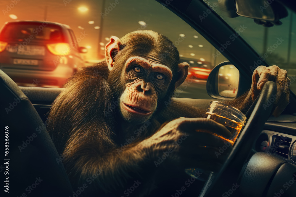 Drunk monkey as a man drives a car with a glass of beer. Road accident ...