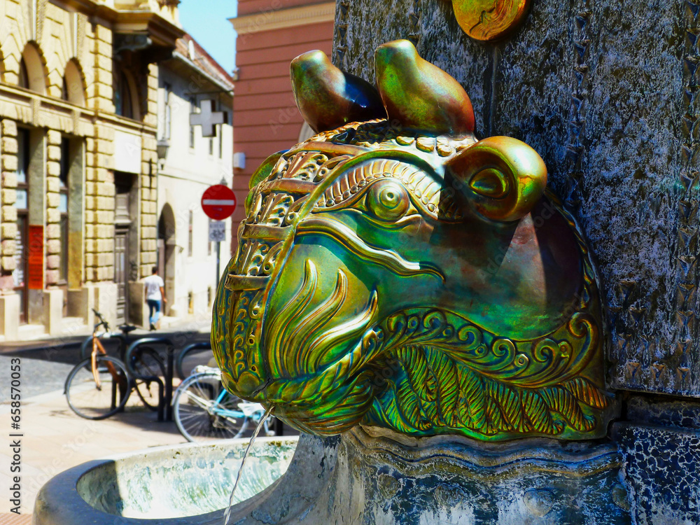 famous landmark fountain and ceramic water scupper in the city of Pecs ...