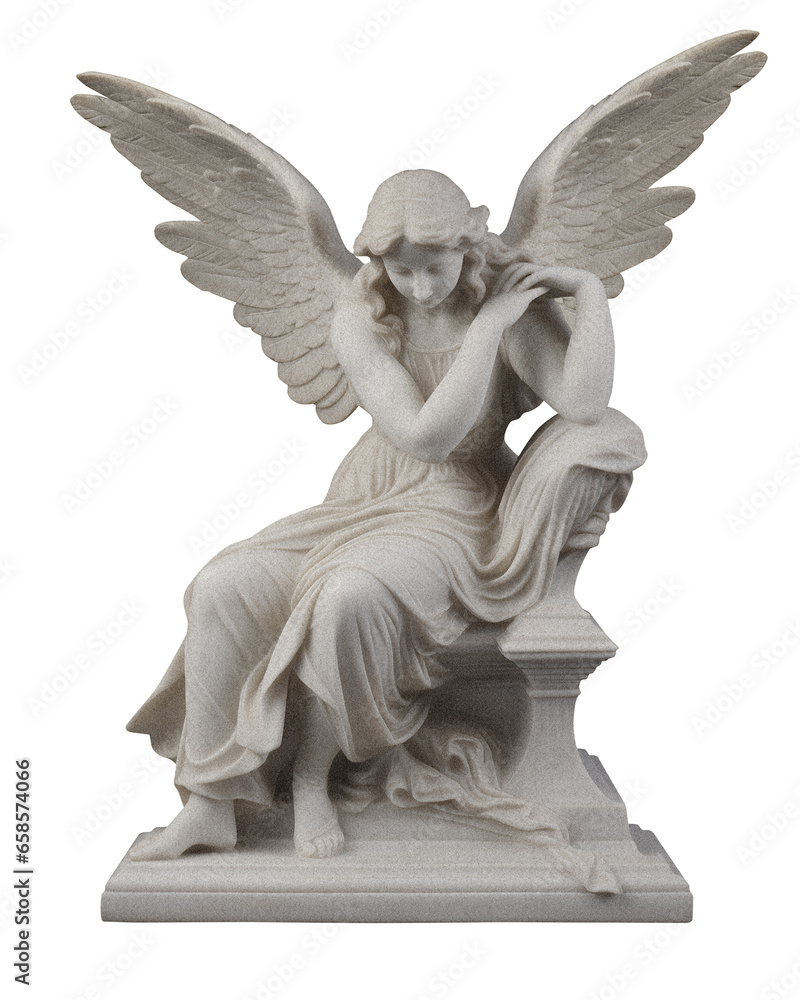 A full-length Greek statue of an angel with wings on a transparent ...