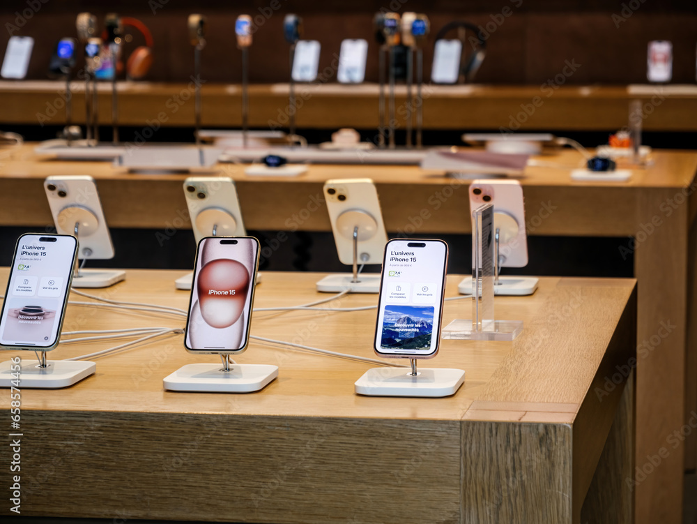 Paris, France - Sep 22, 2023: The hero object of the day, the Apple Computers iPhone 15, shines ...